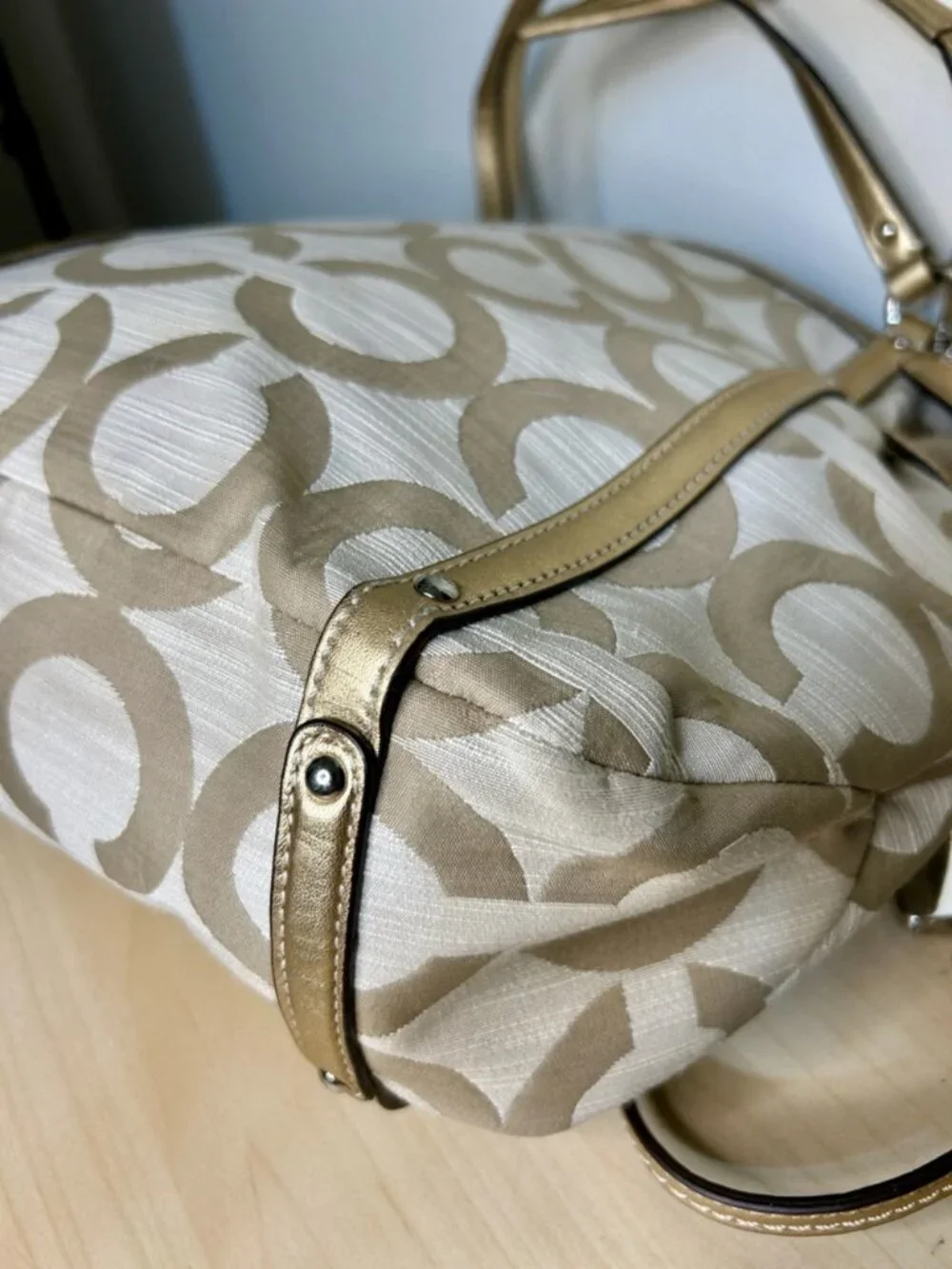 Coach | Bags | Coach Audrey Op Art Shantung Cinched Tote Gold Leather ...